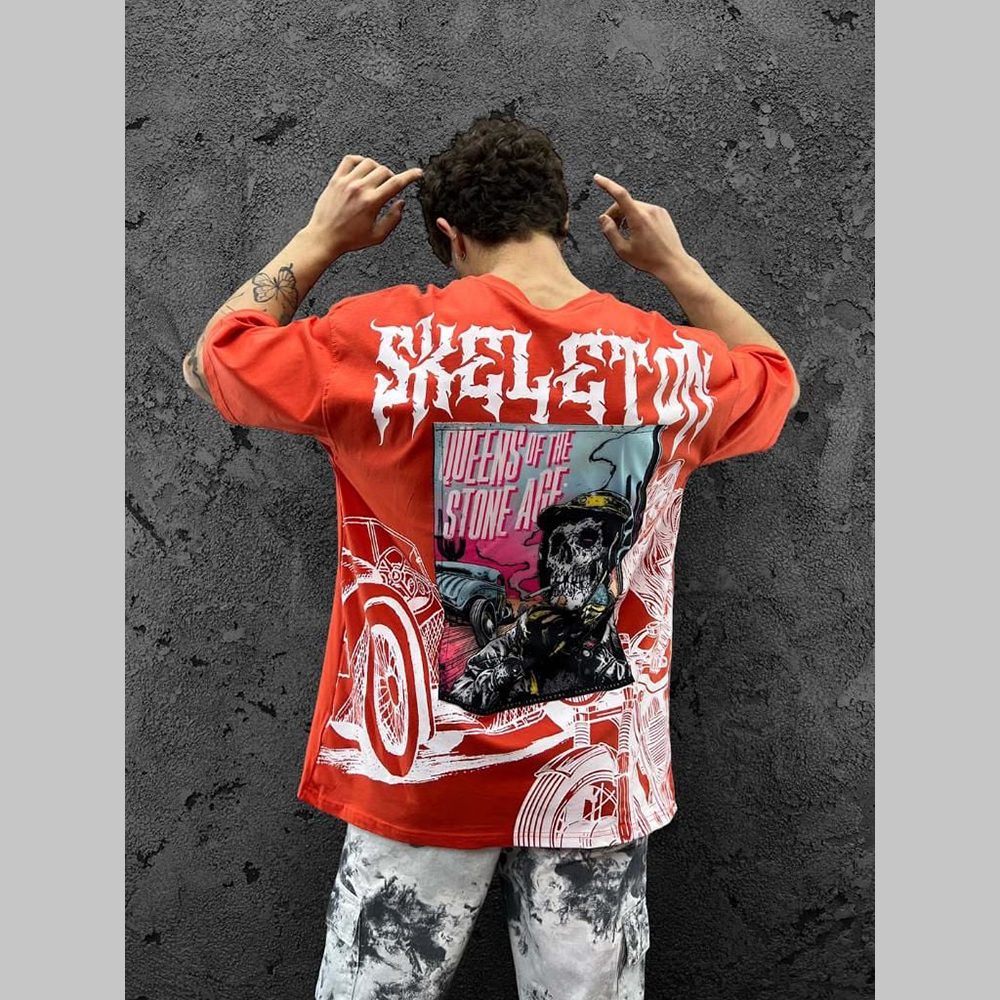 Mens Oversized T-shirt - Red - Skeleton