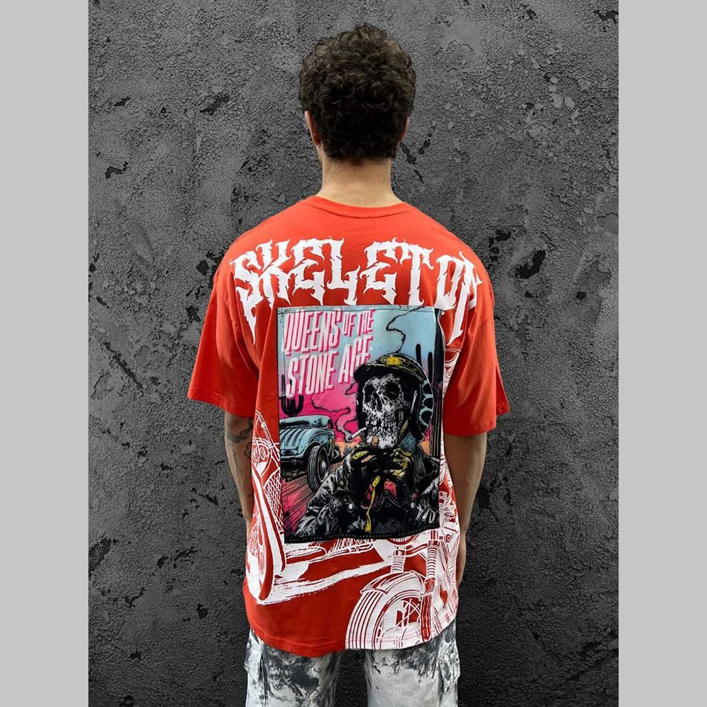 Mens Oversized T-shirt - Red - Skeleton
